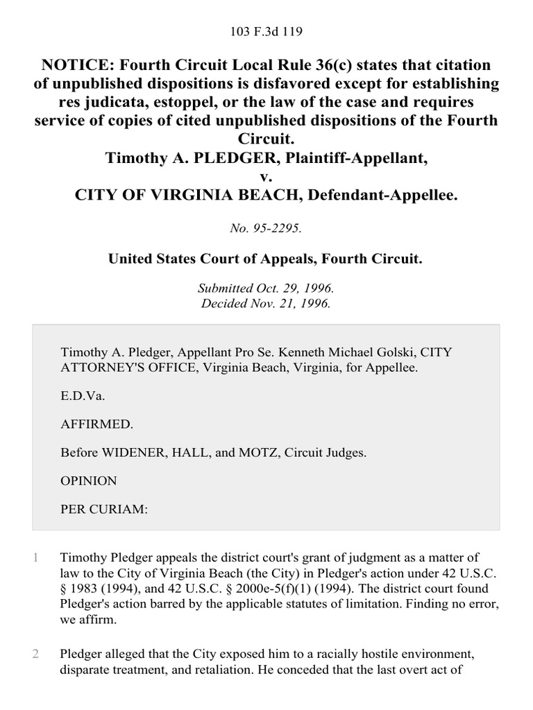 Timothy A. Pledger v. City of Virginia Beach, 103 F.3d 119, 4th Cir ...
