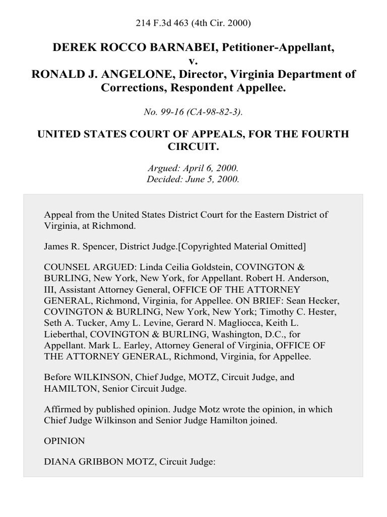 Derek Rocco Barnabei v. Ronald J. Angelone, Director, Virginia ...