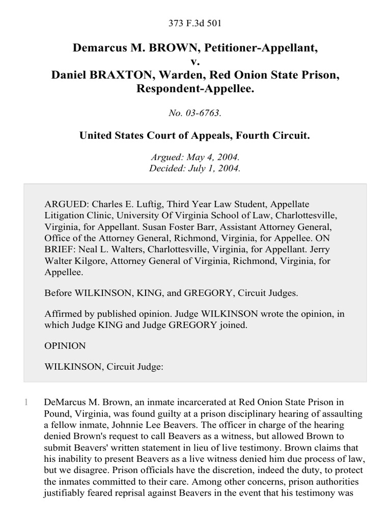 Demarcus M. Brown v. Daniel Braxton, Warden, Red Onion State Prison ...
