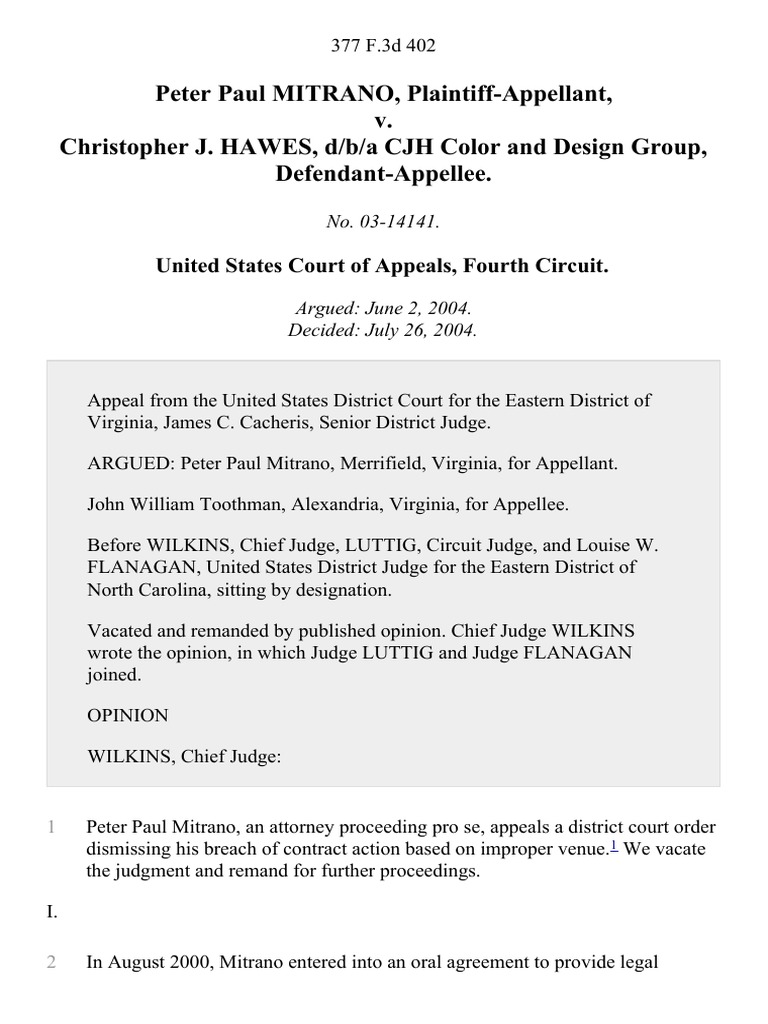 Peter Paul Mitrano v. Christopher J. Hawes, D/B/A CJH Color and Design Group, 377 F.3d 402, 4th ...