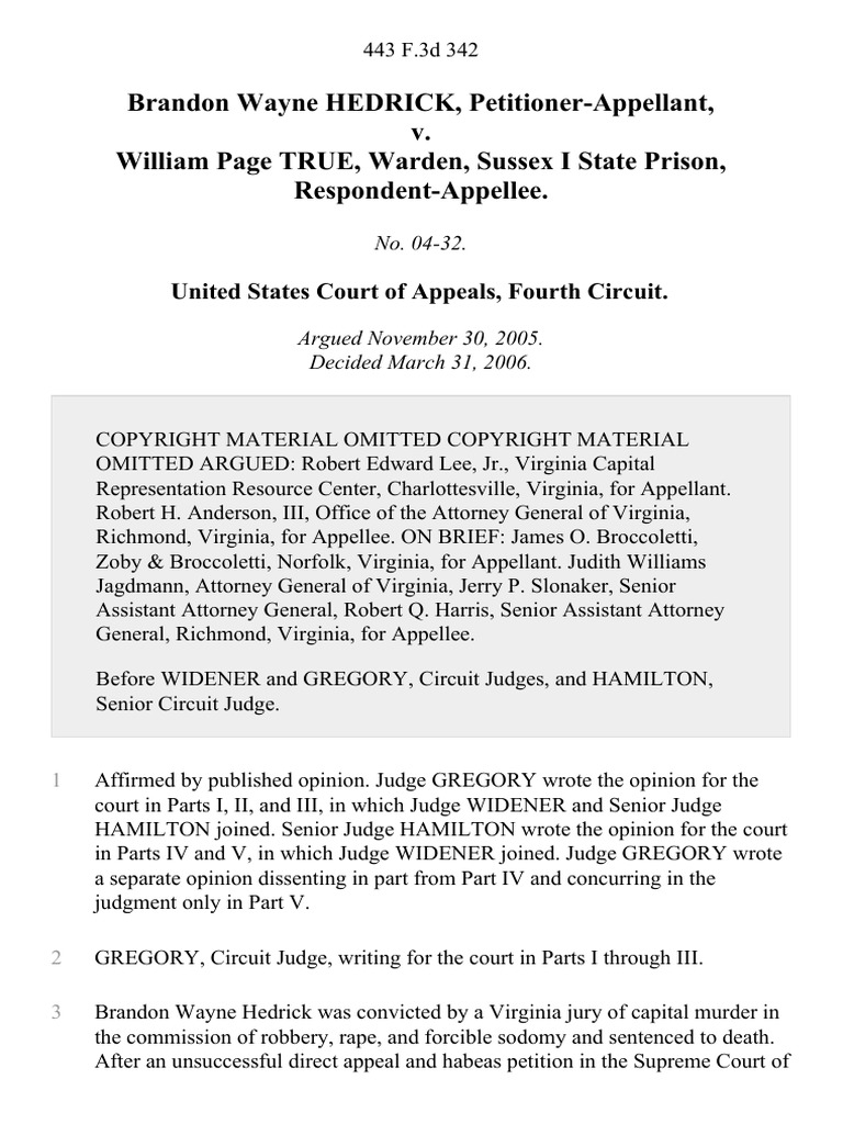 Brandon Wayne Hedrick v. William Page True, Warden, Sussex I State ...