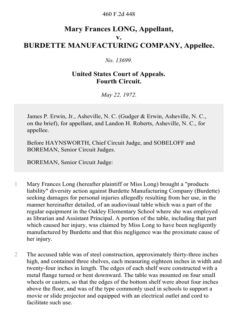 Mary Frances Long v. Burdette Manufacturing Company, 460 F.2d 448, 4th ...