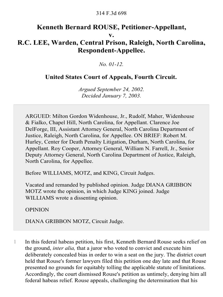 Kenneth Bernard Rouse v. R.C. Lee, Warden, Central Prison, Raleigh ...