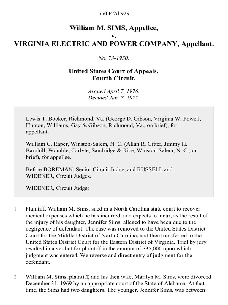 William M. Sims v. Virginia Electric and Power Company, 550 F.2d 929 ...