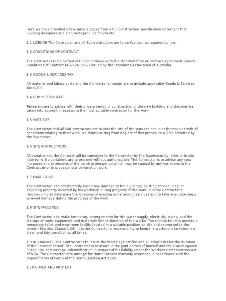 Construction Specification Sample Pages | PDF | General Contractor ...