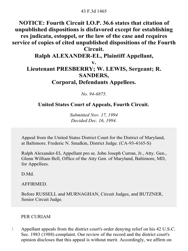 Ralph Alexander-El v. Lieutenant Presberry W. Lewis, Sergeant R ...