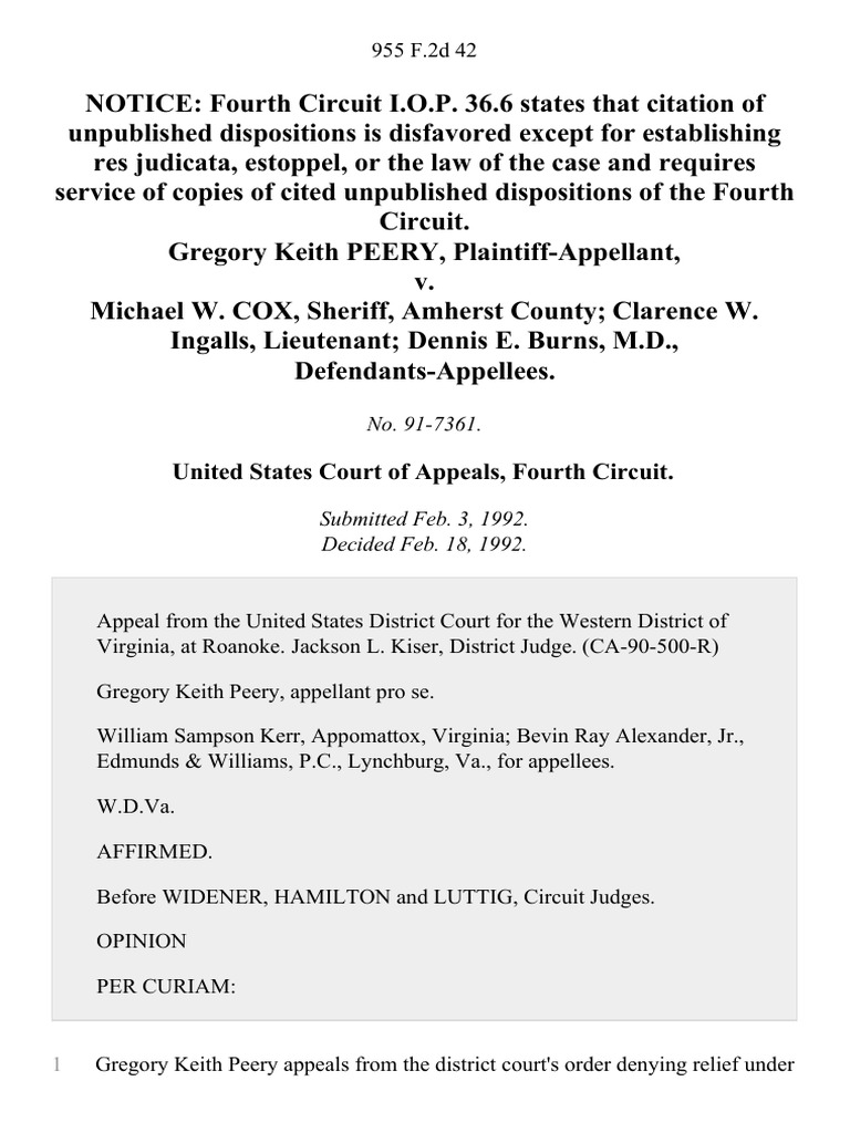 Gregory Keith Peery v. Michael W. Cox, Sheriff, Amherst County Clarence ...