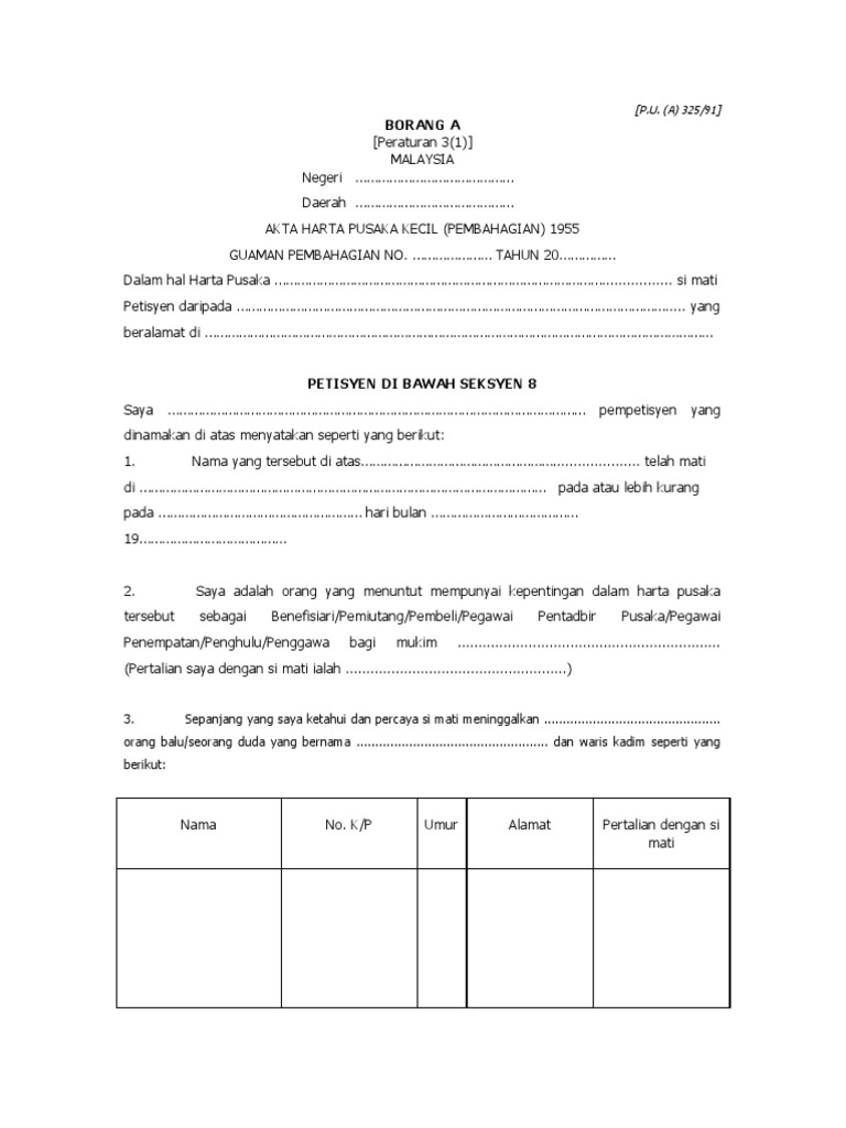 Borang A An Awal. (Seksyen 8) | PDF