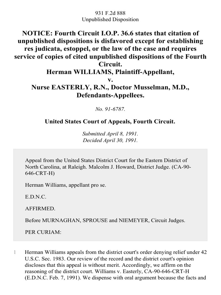 Herman Williams v. Nurse Easterly, R.N., Doctor Musselman, M.D., 931 F ...