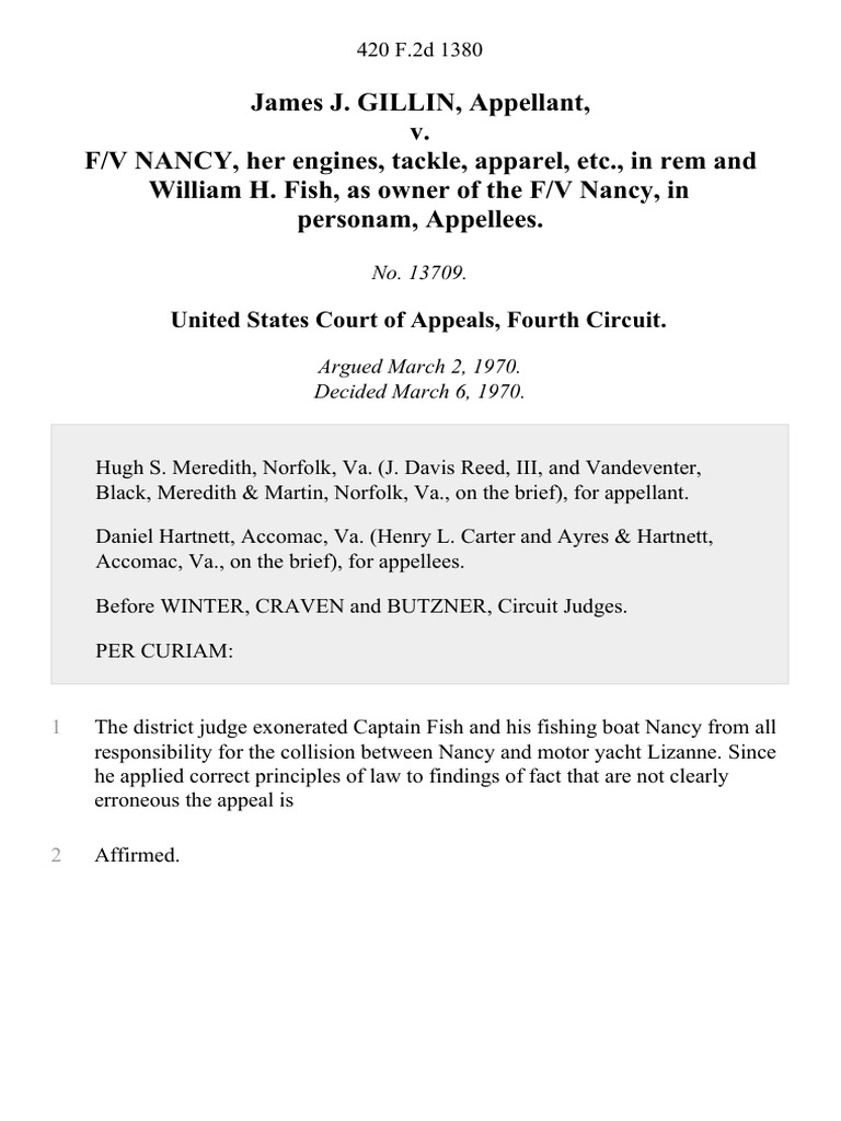 James J. Gillin v. F/V Nancy, Her Engines, Tackle, Apparel, Etc., in ...