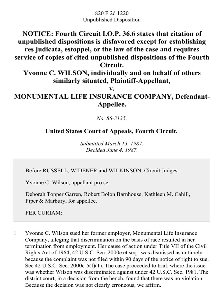Wilson v. Monumental Life Ins. Co. Case Summary | PDF