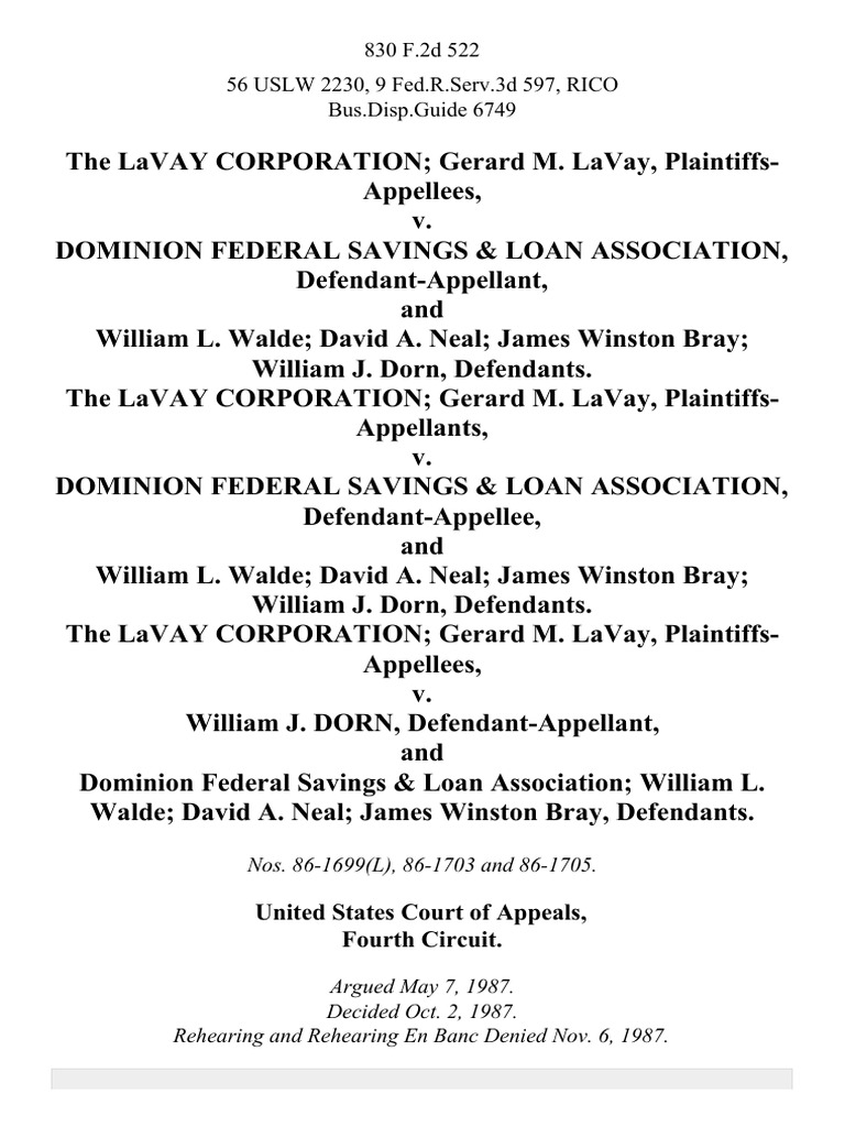 The Lavay Corporation Gerard M. Lavay v. Dominion Federal Savings ...