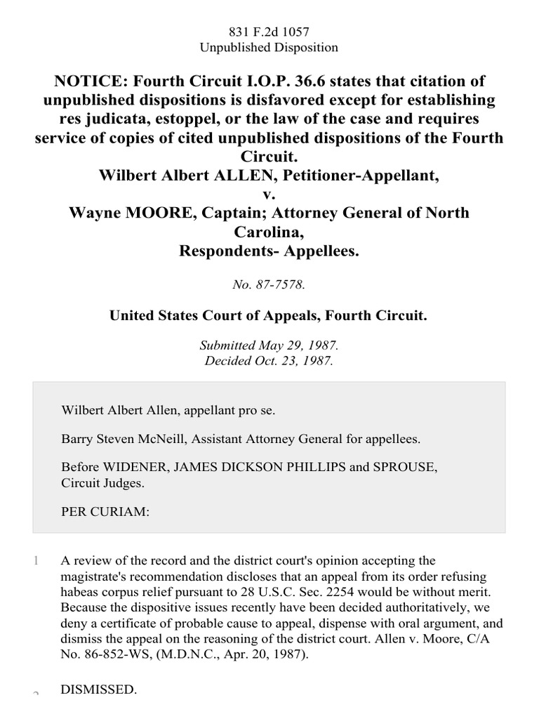 Wilbert Albert Allen v. Wayne Moore, Captain Attorney General of North ...