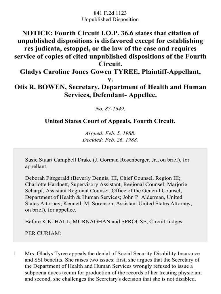 Gladys Caroline Jones Gowen Tyree v. Otis R. Bowen, Secretary ...