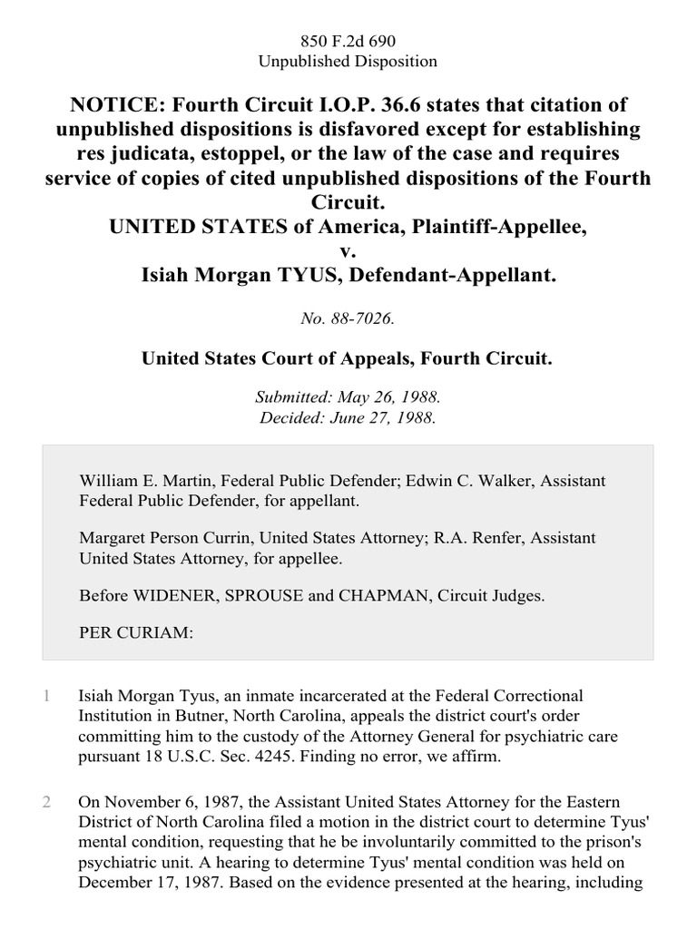 United States v. Isiah Morgan Tyus, 850 F.2d 690, 4th Cir. (1988) | PDF ...