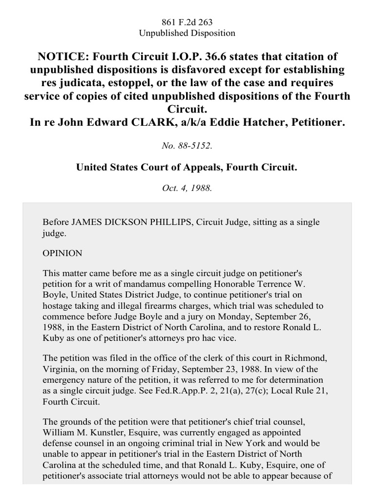 In Re John Edward Clark, A/K/A Eddie Hatcher, 861 F.2d 263, 4th Cir ...