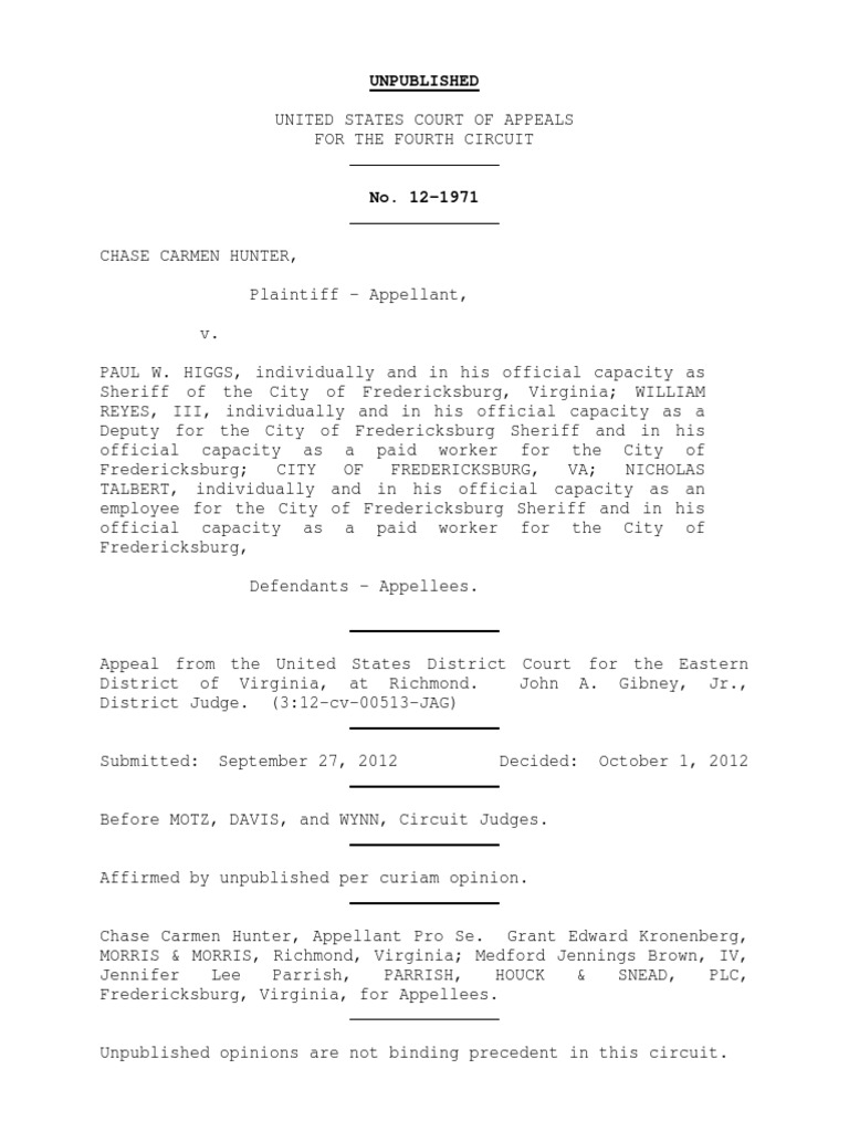 Chase Hunter v. Paul Higgs, 4th Cir. (2012) | PDF
