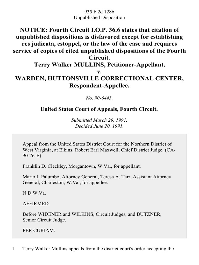 Terry Walker Mullins v. Warden, Huttonsville Correctional Center, 935 F ...