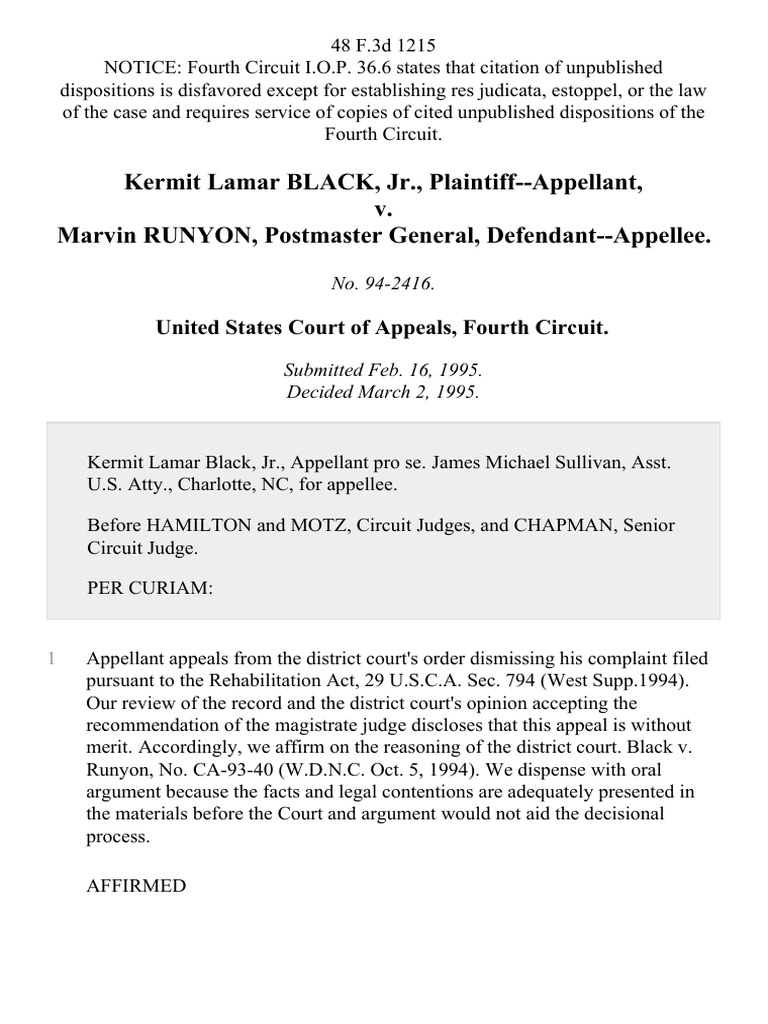 Kermit Lamar Black, Jr. v. Marvin Runyon, Postmaster General, 48 F.3d ...
