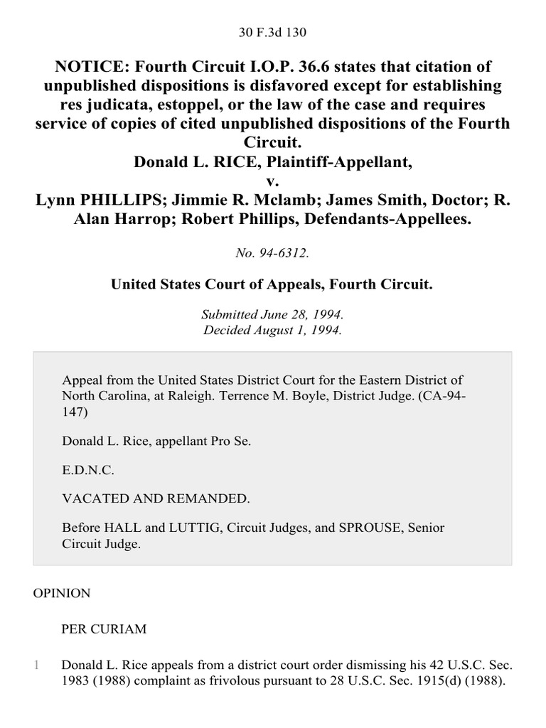 Donald L. Rice v. Lynn Phillips Jimmie R. McLamb James Smith, Doctor R ...