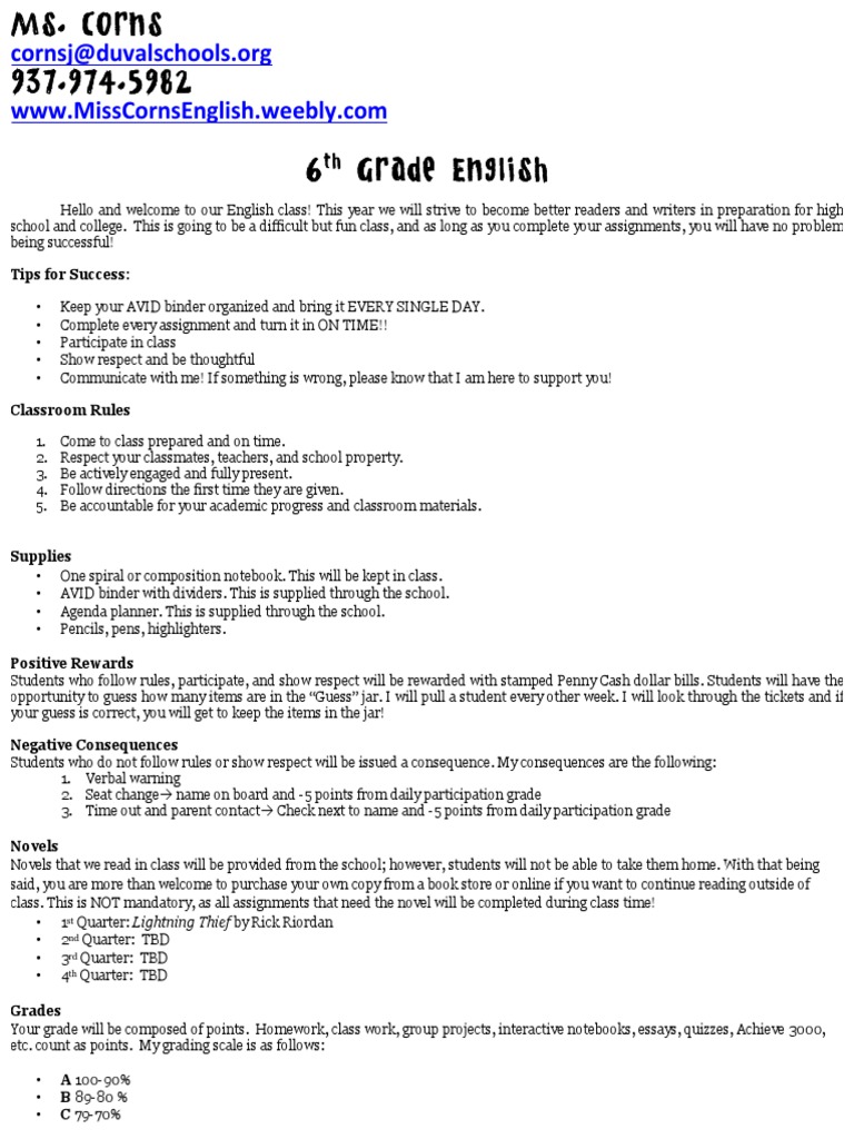 6th Grade Syllabus | PDF | Syllabus | Homework