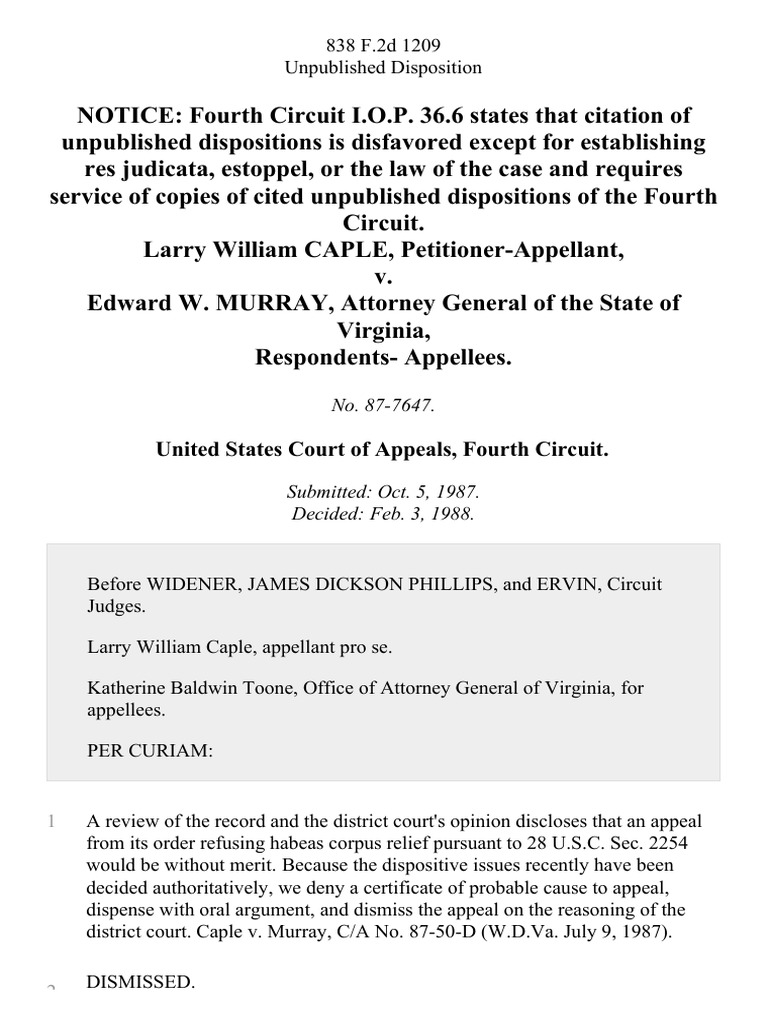 Larry William Caple v. Edward W. Murray, Attorney General of The State ...