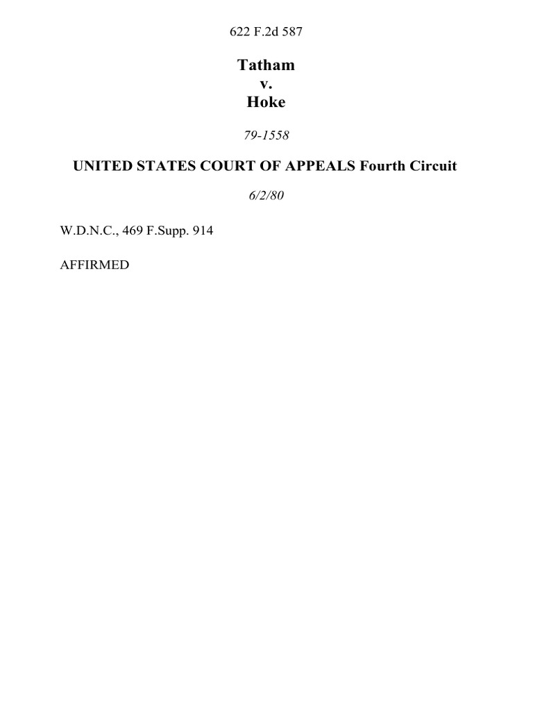 Tatham v. Hoke, 622 F.2d 587, 4th Cir. (1980) | PDF