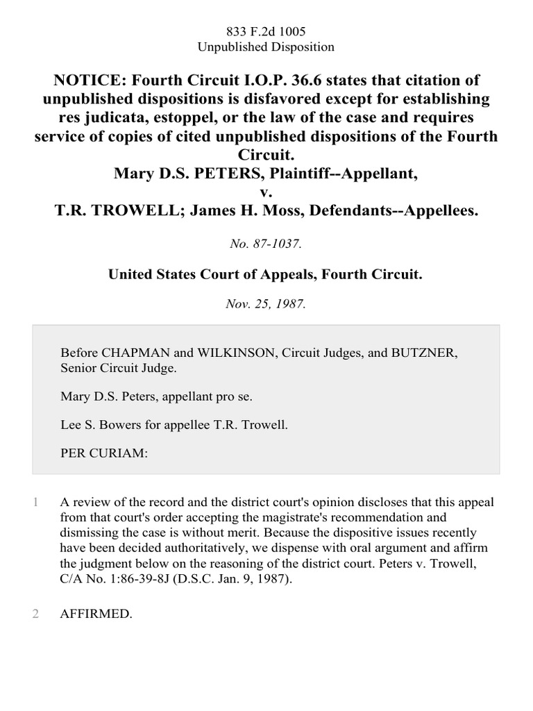 Mary D.S. Peters v. T.R. Trowell James H. Moss, 833 F.2d 1005, 4th Cir ...