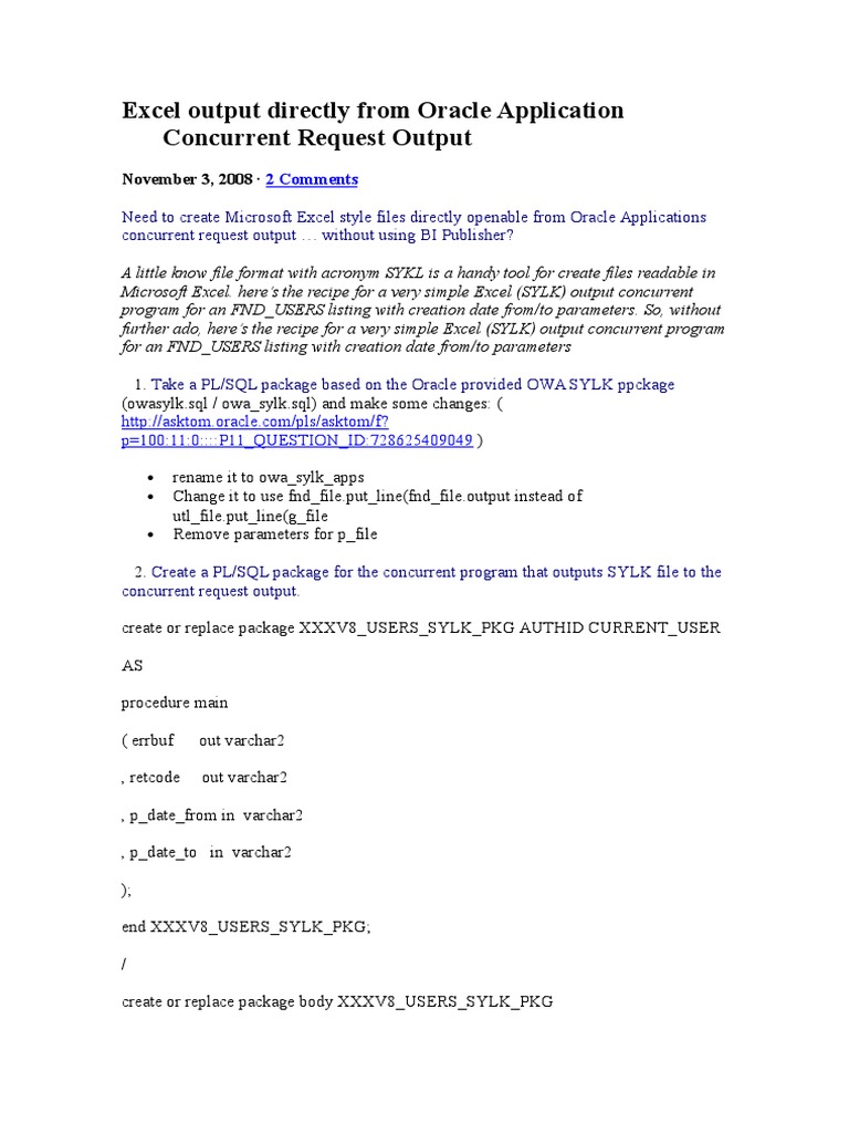 Excel Output Directly From Oracle Application Concurrent Request Pdf Microsoft Excel