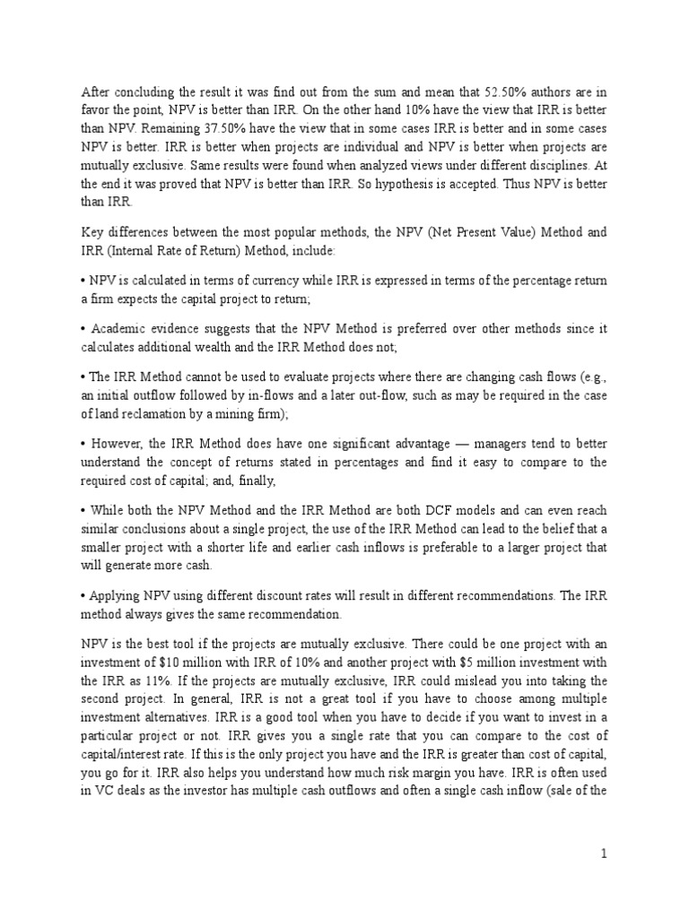 NPV Vs - IRR | PDF | Internal Rate Of Return | Capital Budgeting NPV Vs - IRR | PDF | Internal Rate Of Return | Capital Budgeting