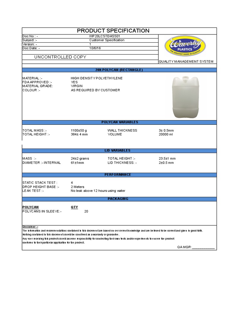 Product Spec Sheet - 20l Polycan Vir Sheet1 | PDF