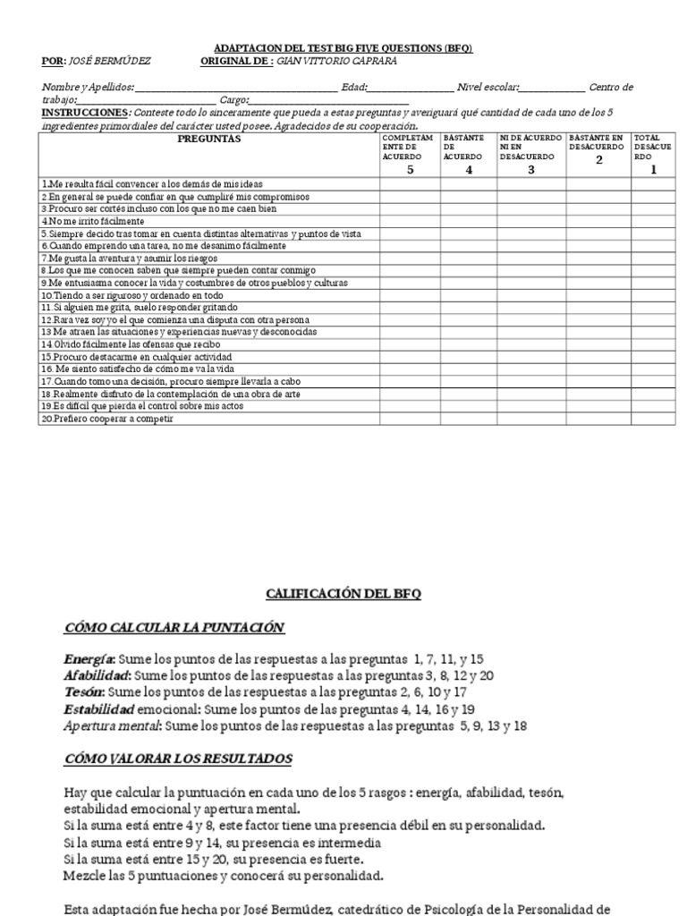 Adaptacion Del Test Big Five Questions | PDF | Las emociones ...