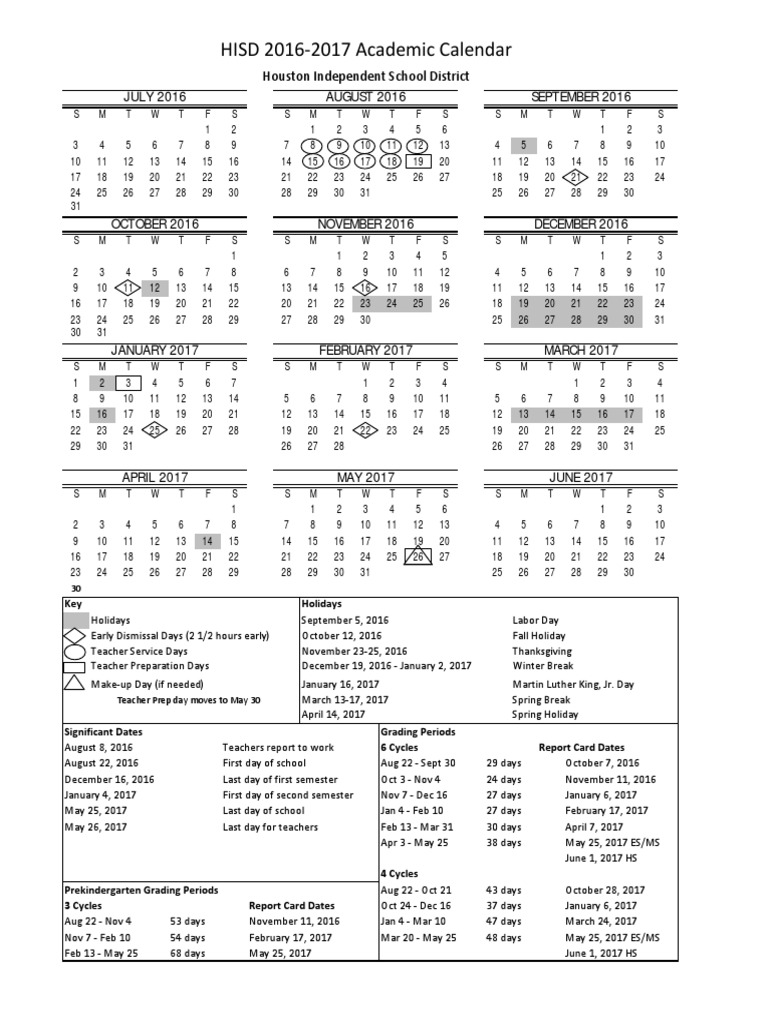 HISD 2016-2017 Academic Calendar | PDF | Sports & Recreation