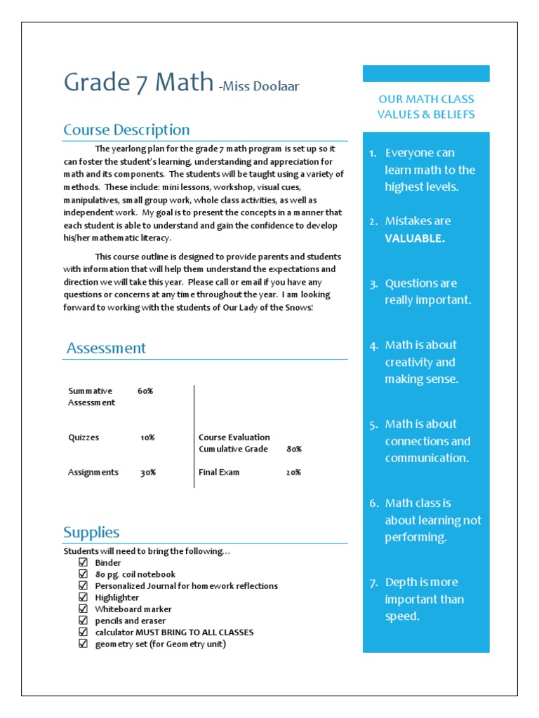 Course Outline Math 7 | PDF | Homework | Cognition