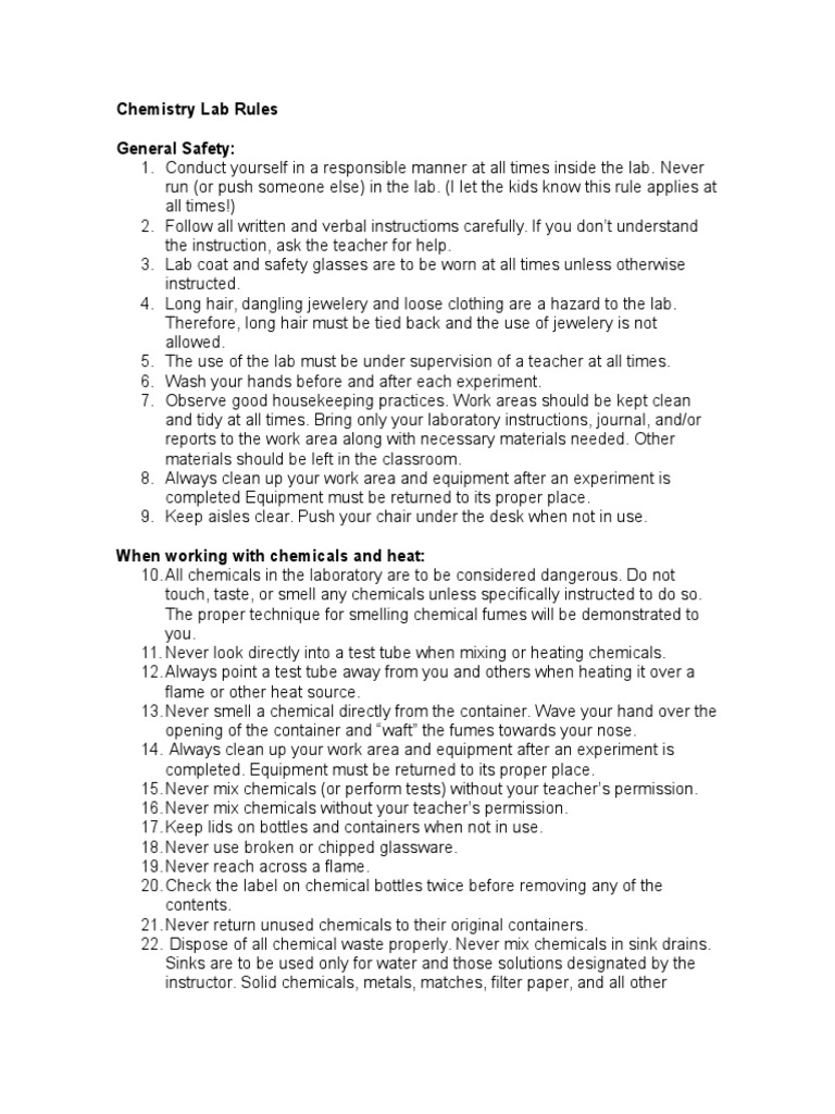 Chemistry Lab Rules General Safety | Download Free PDF | Laboratories ...