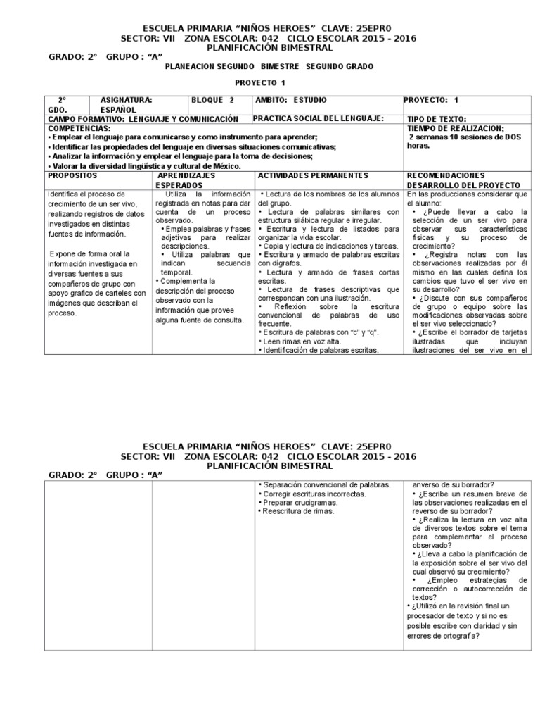 Planificación bimestral para el desarrollo de habilidades de lenguaje y ...