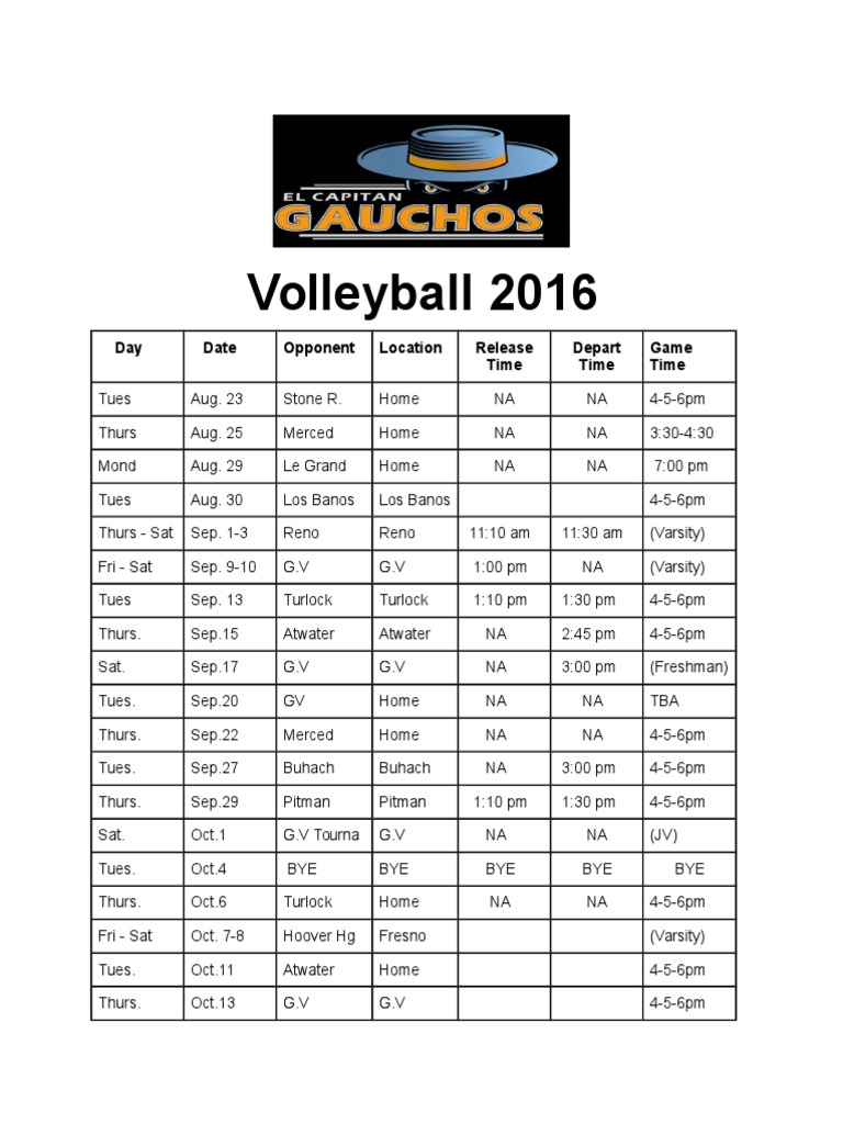 2016 Volleyball Game Schedule | PDF | Art