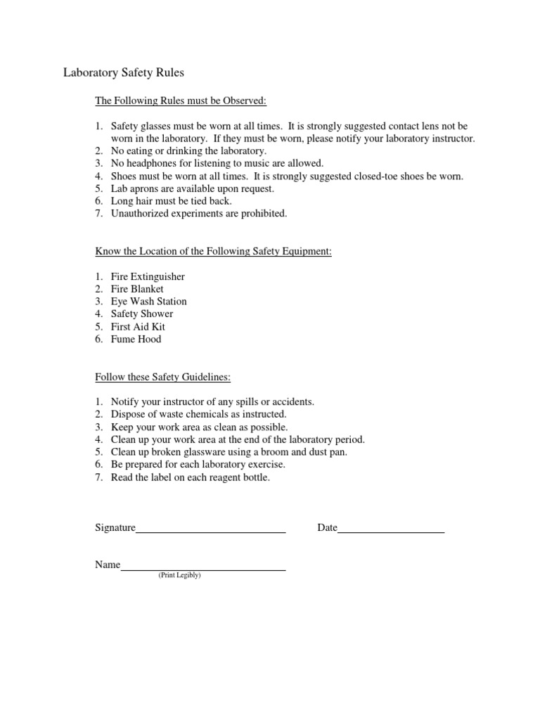 Laboratory Safety Rules: (Print Legibly) | PDF | Laboratories | Nature