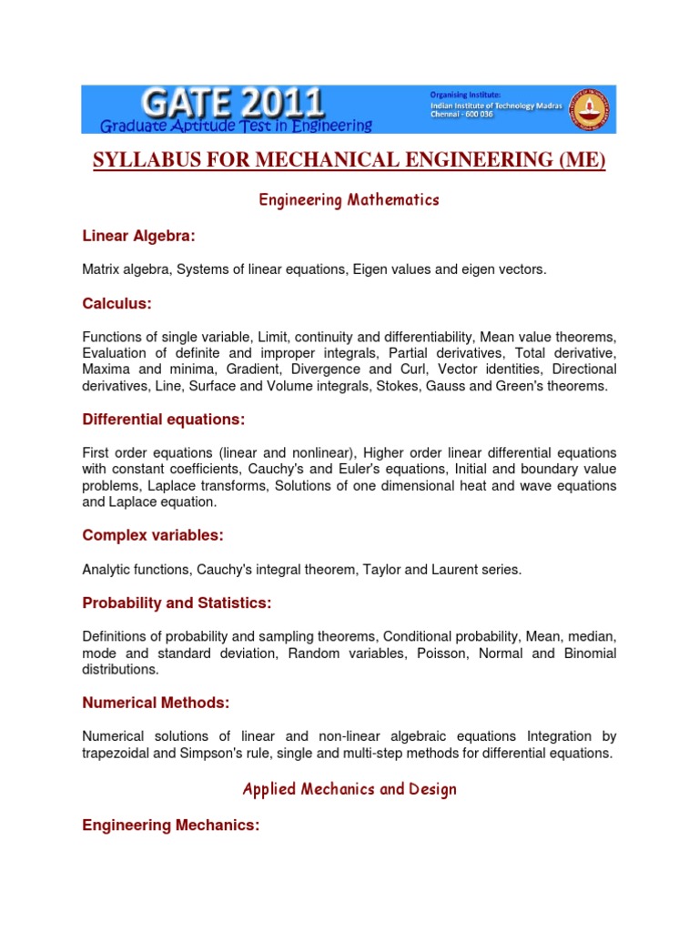 Syllabus For Mechanical Engineering (Me) : Linear Algebra | PDF ...