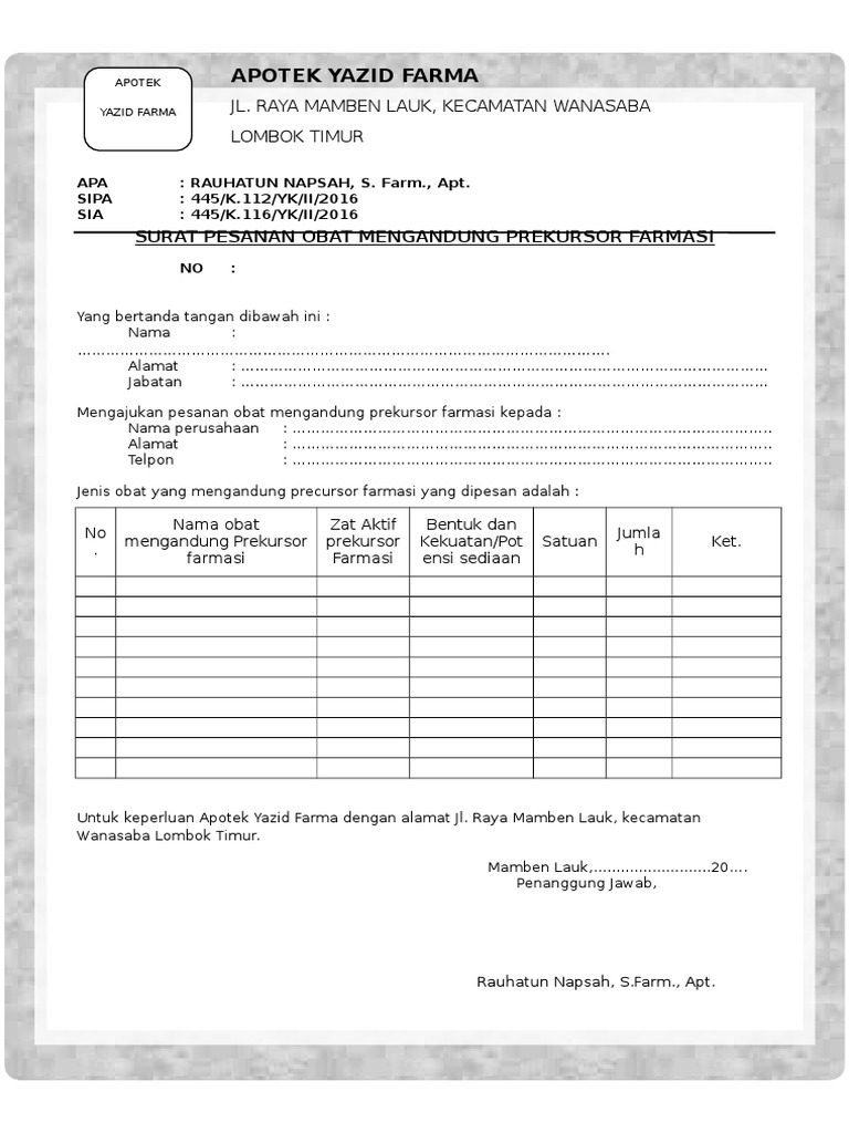 Pesanan Prekursor Apotek Yazid Farma | PDF | Memasak, Makanan, & Anggur ...