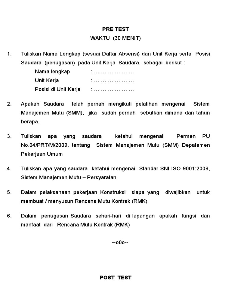 Contoh Pre Test dan Post Test SMM | PDF | Teknologi & Rekayasa