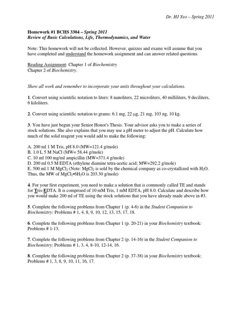 Biochemistry Homework: Calculations & Solutions | PDF