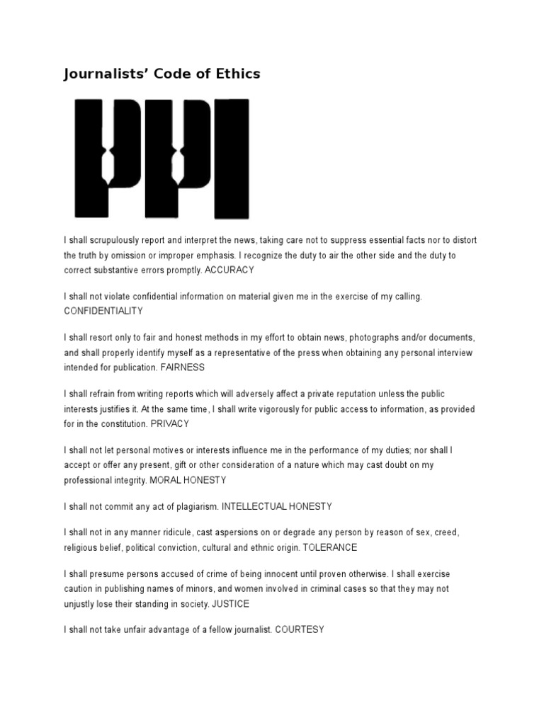Journalists Code of Ethics PPI | Journalism | Newspapers