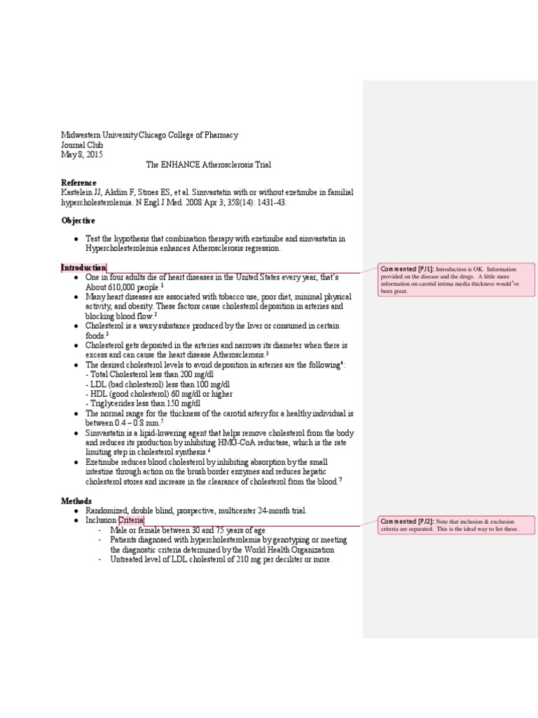 Journal Club Handout Final | Cholesterol | Hypercholesterolemia