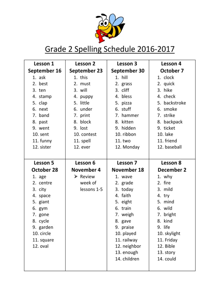 Grade 2 Spelling Schedule | PDF | Leisure