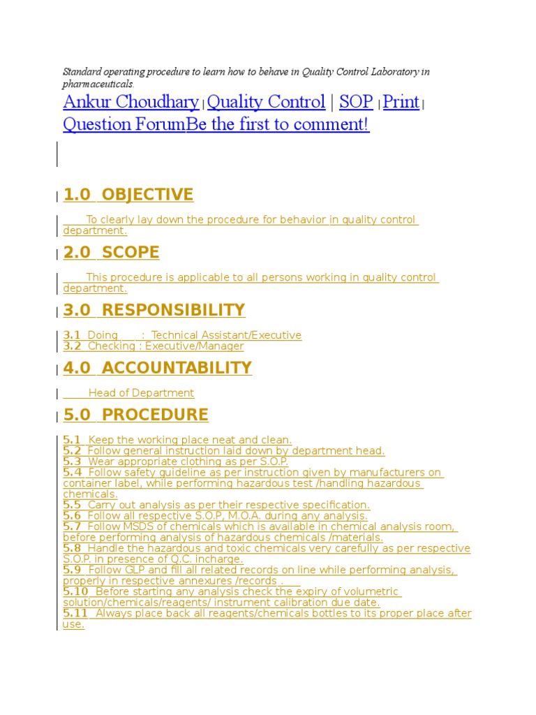 Standard Operating Procedure To Learn How To Behave in Quality Control ...