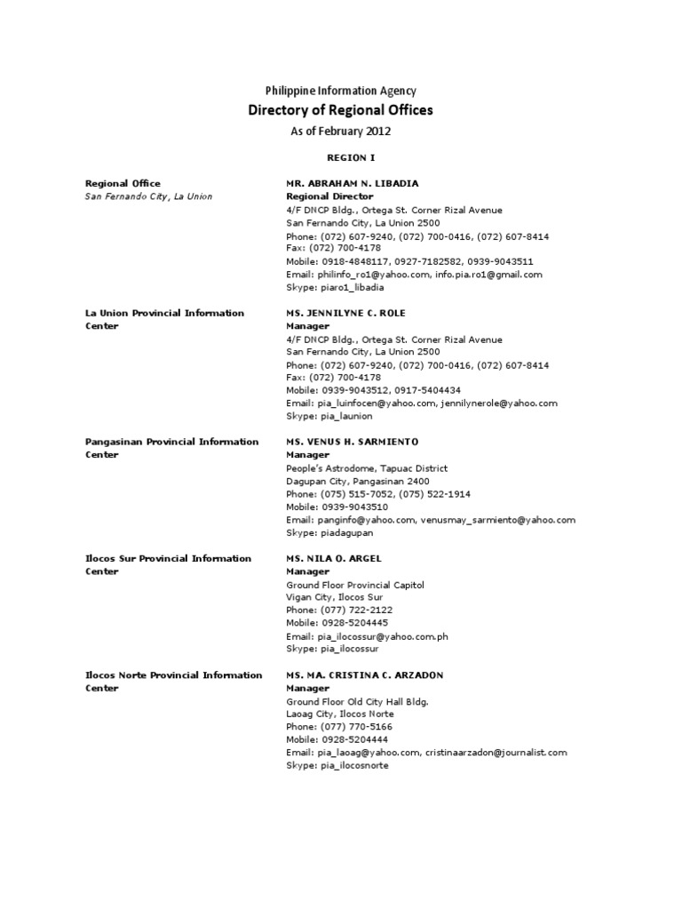 PIA Directory of Regional Offices | PDF | Computer Mediated ...