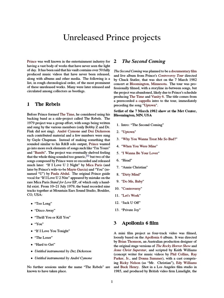 Unreleased Prince Projects Overview | PDF | Prince (Musician) | Musicians
