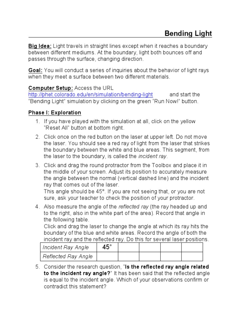 Bending Light Simulation Lab Guide | PDF | Refraction | Refractive Index