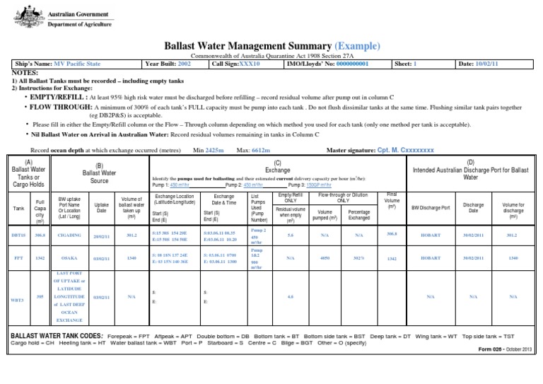 Ballast Water Management Summary: (Example) | PDF | Water Transport | Water